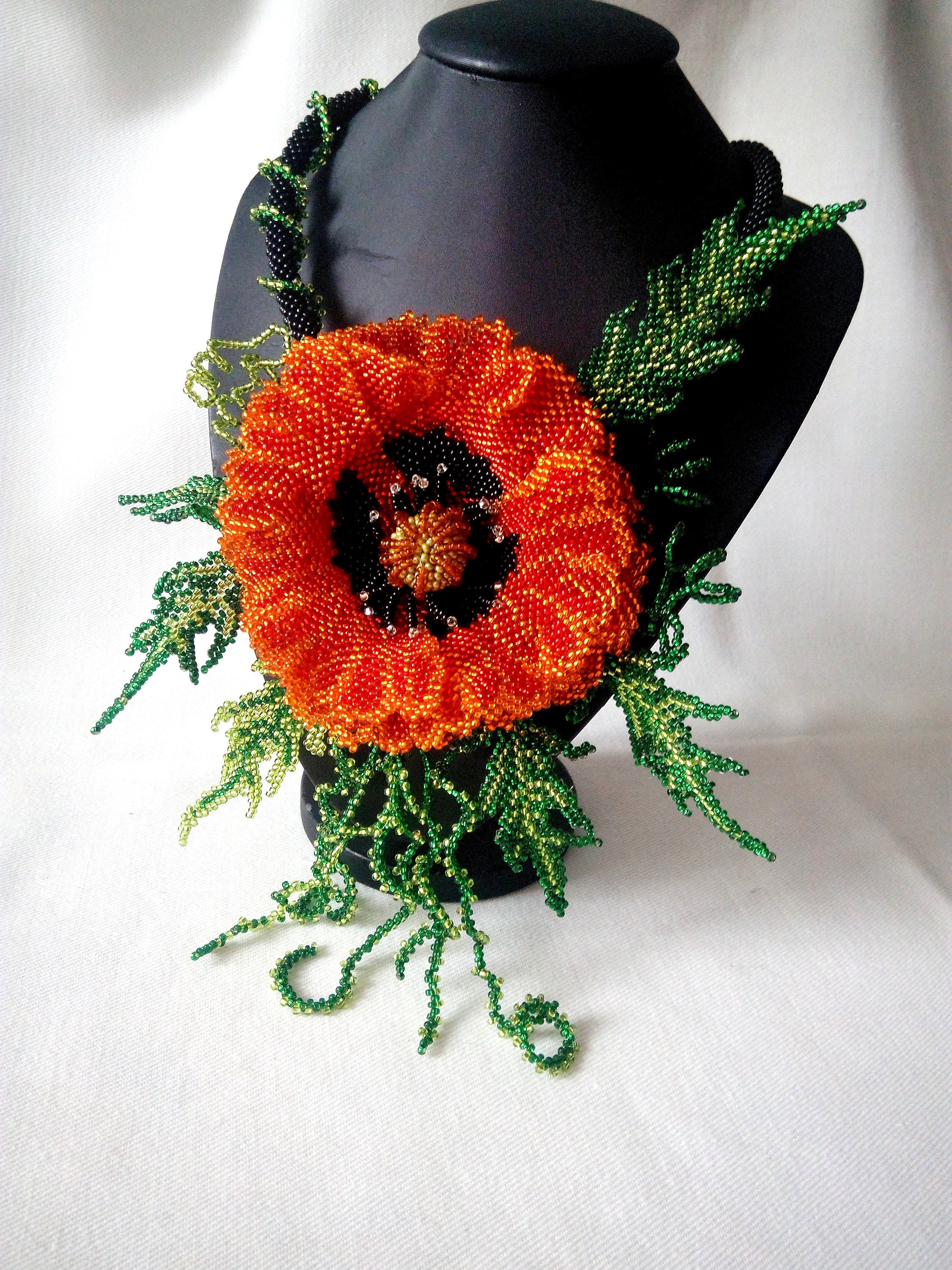 Necklace Red Poppy Jewelry Beaded Red-yellow Poppy Flower Thin - Etsy