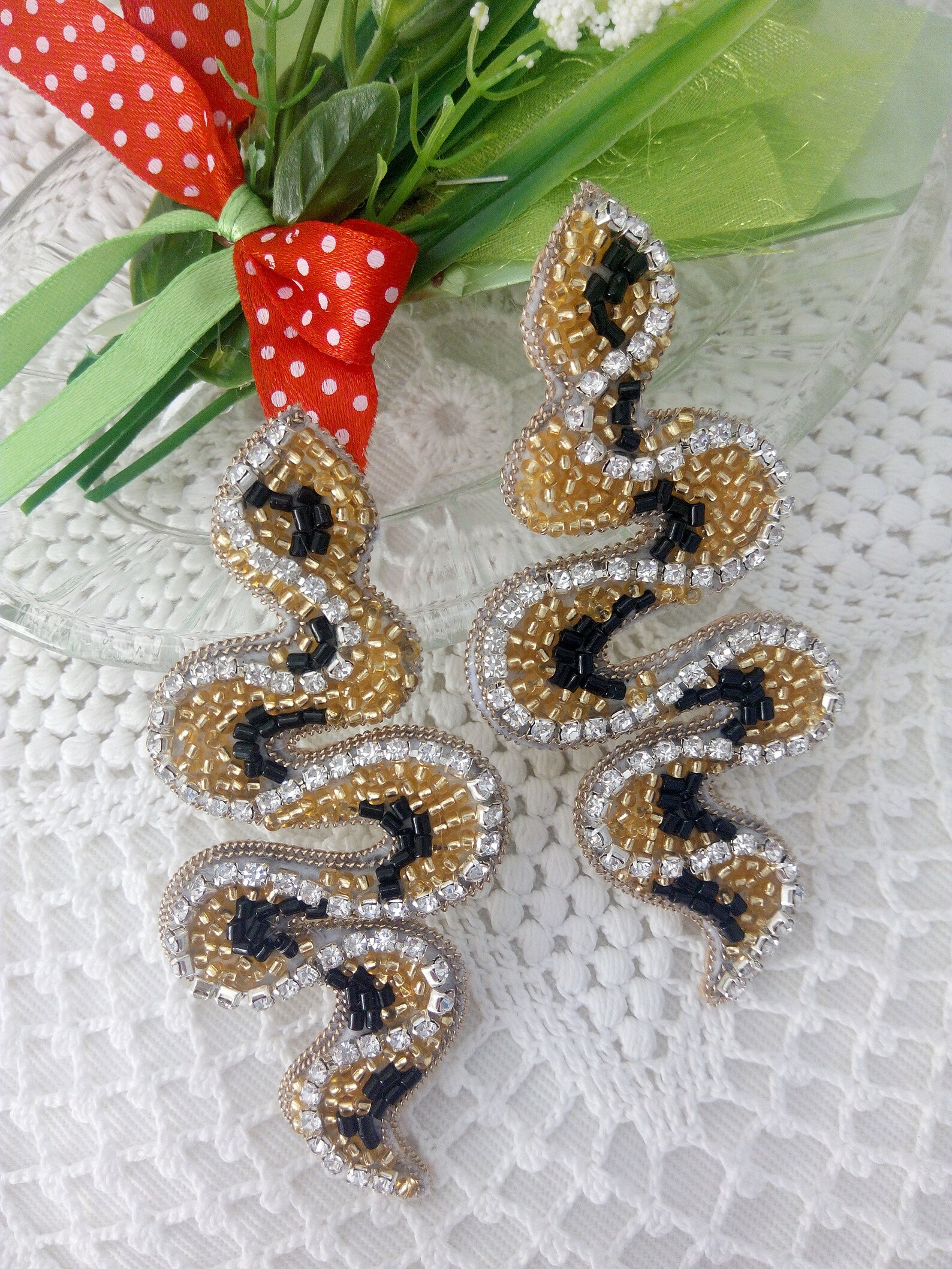 Snake Earrings Embroidered With Beads Gold Shiny Snake Jewelry | Etsy