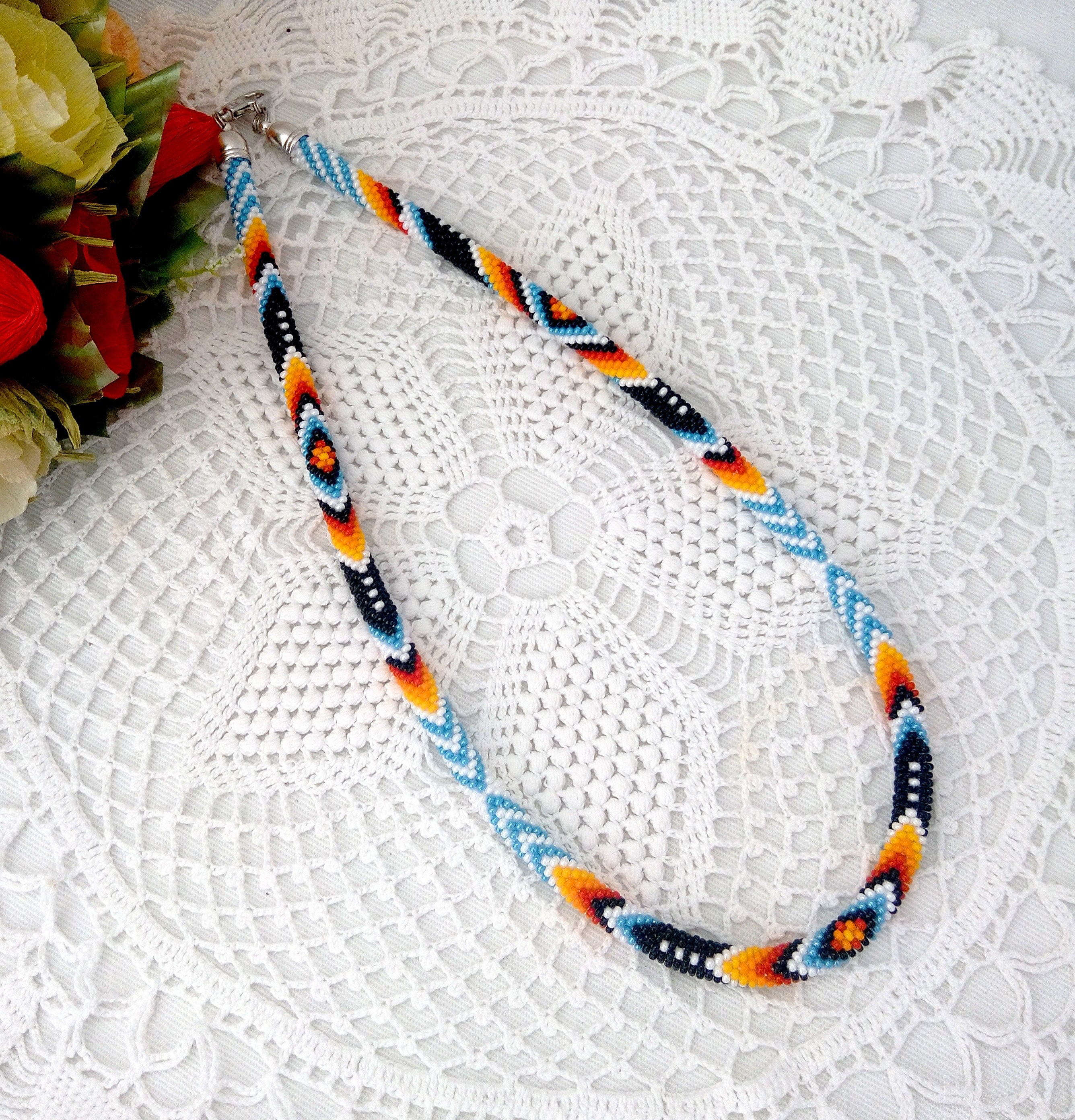 Blue Beaded Necklace Native American Style Indian Beads Necklace Ethnic ...