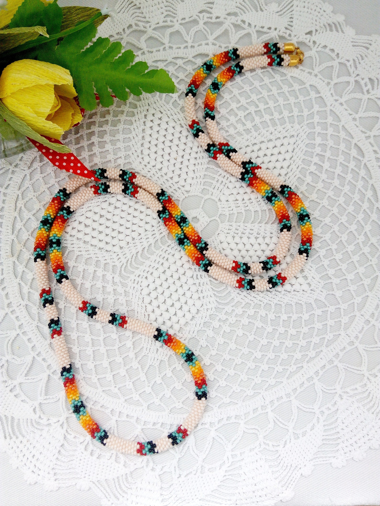 Long Lariat Necklace Native American Crochet Beaded Ethnic Tribal Thin ...