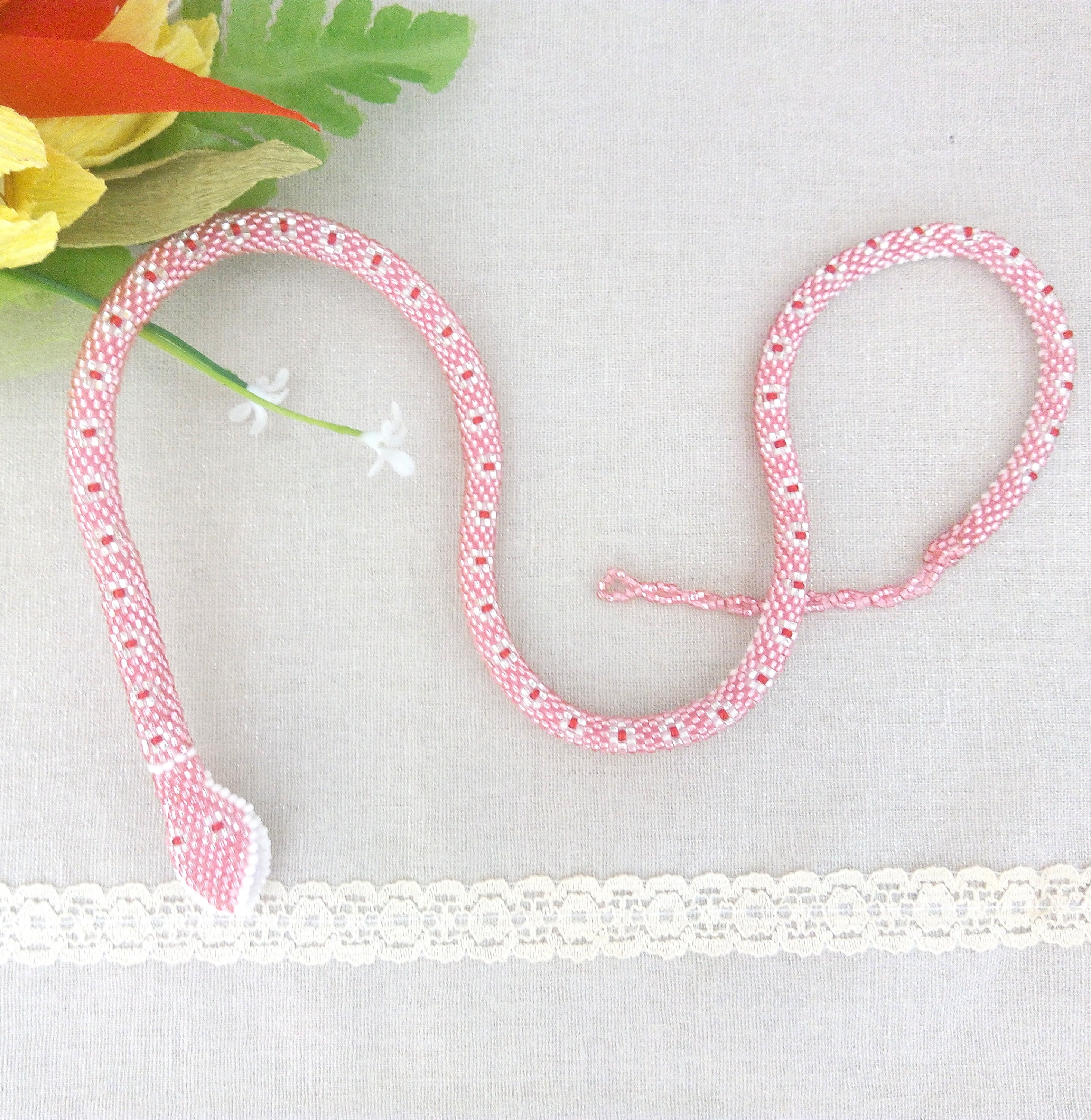 Shiny Snake Necklace Crochet Pink Shiny Snake Jewelry Beaded - Etsy