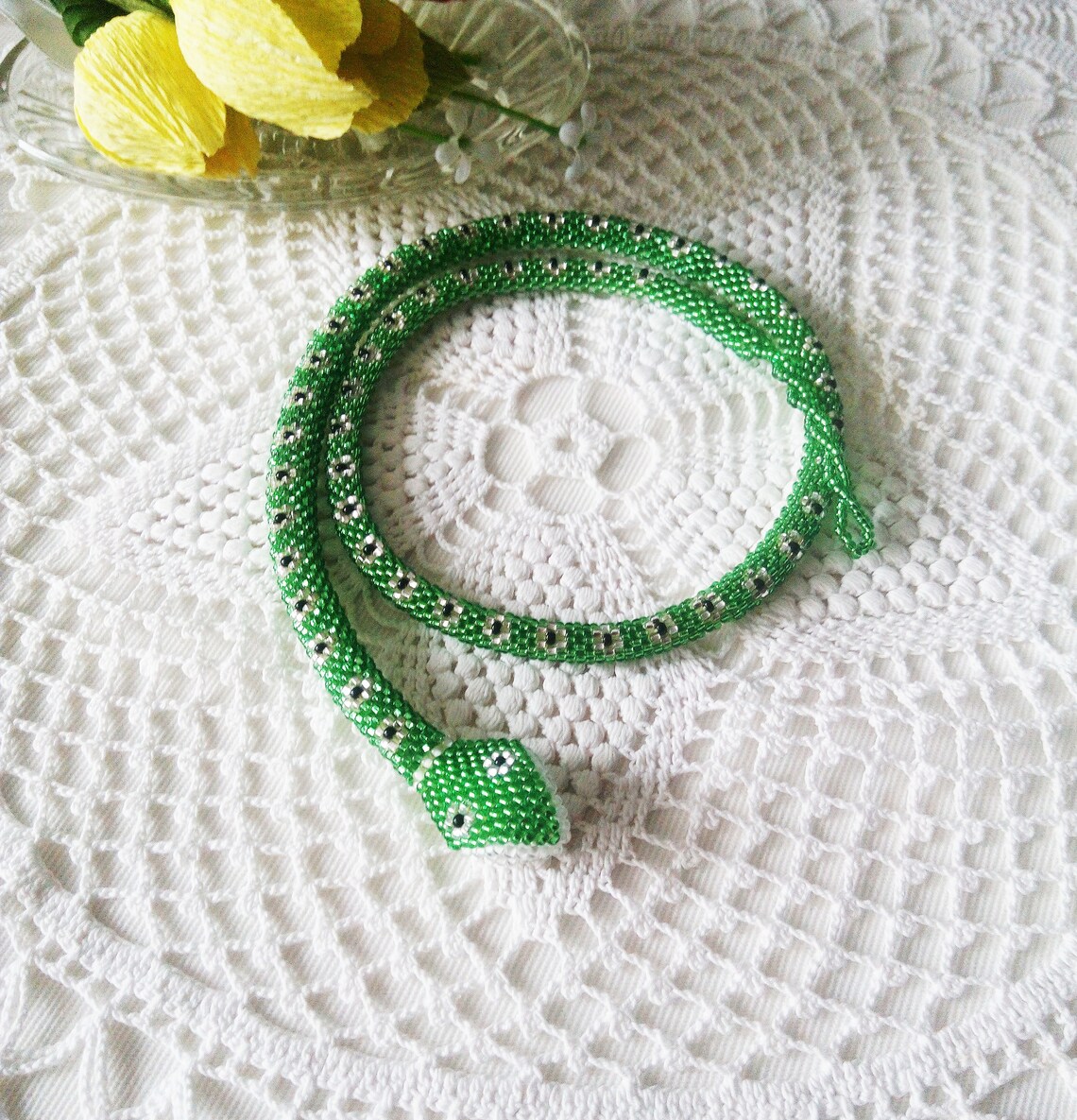Green Necklace Shiny Snake Crochet Light Green Snake Bead - Etsy