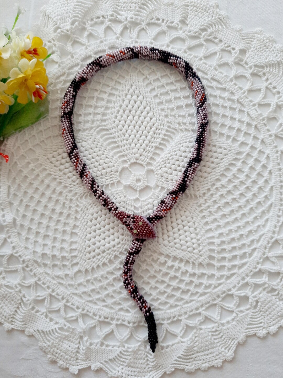 Beaded Snake Necklace Crochet Python Necklace Beaded Jewelry Black Pink ...