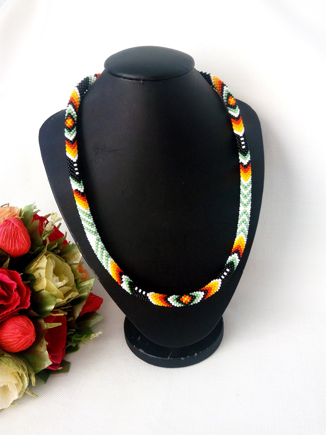 Native American Indian Bead Necklace Ethnic Thin Rope Green Boho Bead ...