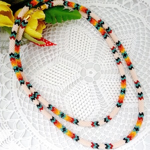 Long Lariat Necklace Native American Crochet Beaded Ethnic Tribal Thin ...