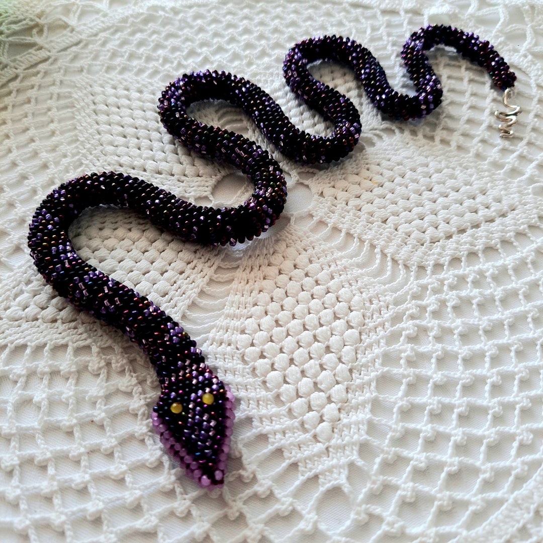 Python Snake Necklace Crochet Purple Snake Jewelry Beaded Snake Black ...