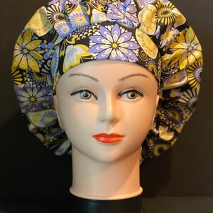 MEDALLION FLORAL PURPLE on Black Bouffant Scrup Cap for Women | Etsy