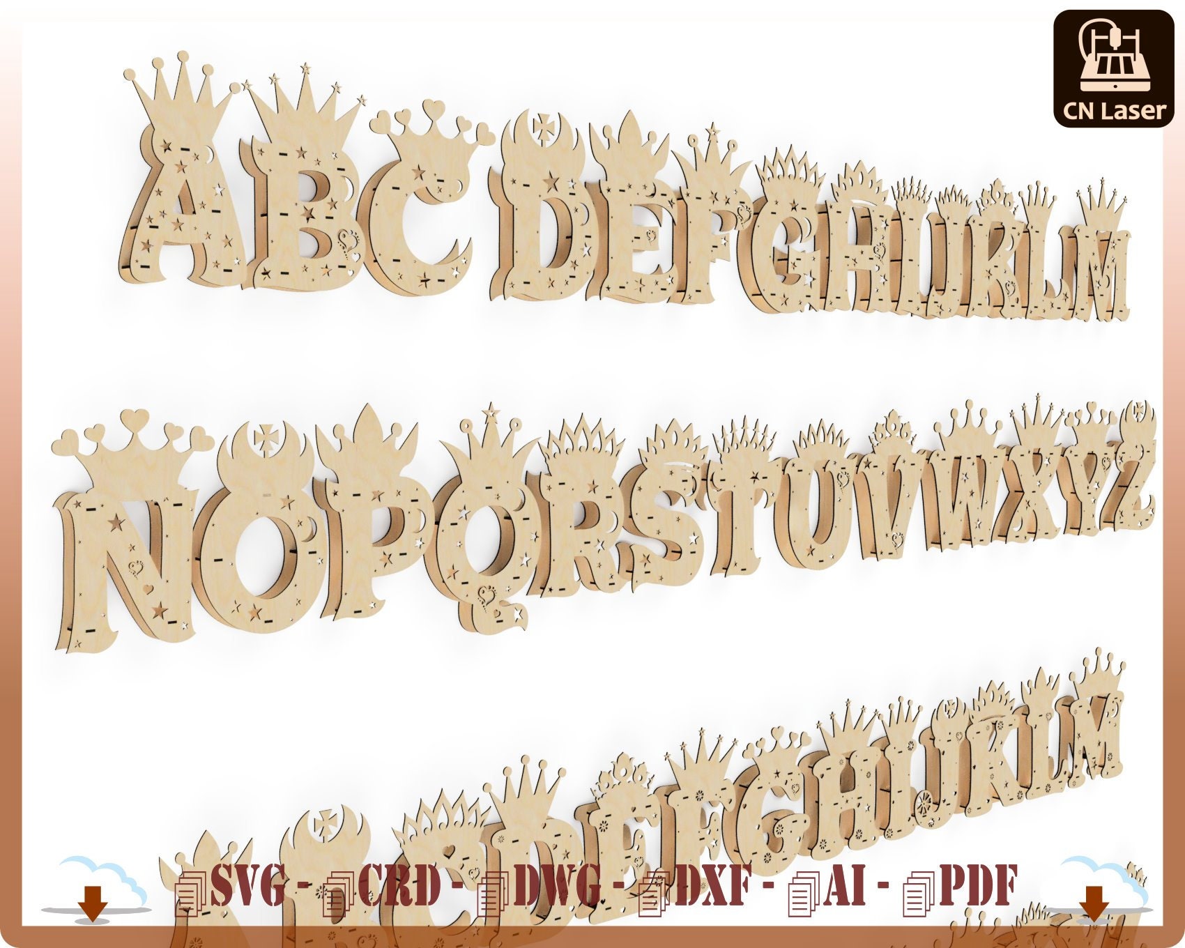 Alphabet With Crown Decoration for Cnc Laser Cutting / Vectors of ...