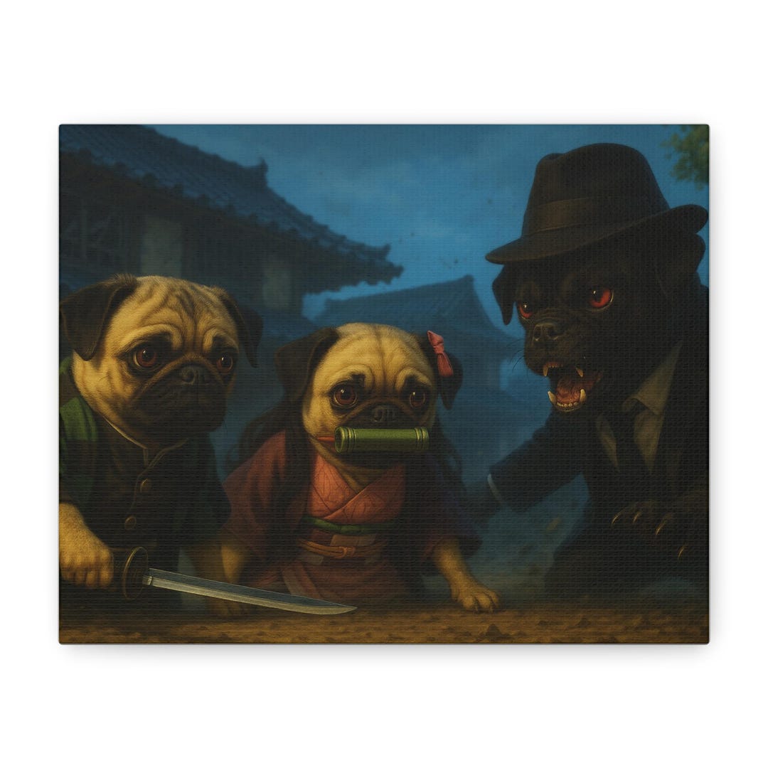Nezuko and Tanjiro Battling Muzan as Pugs Canvas Art Funny Anime Dog ...
