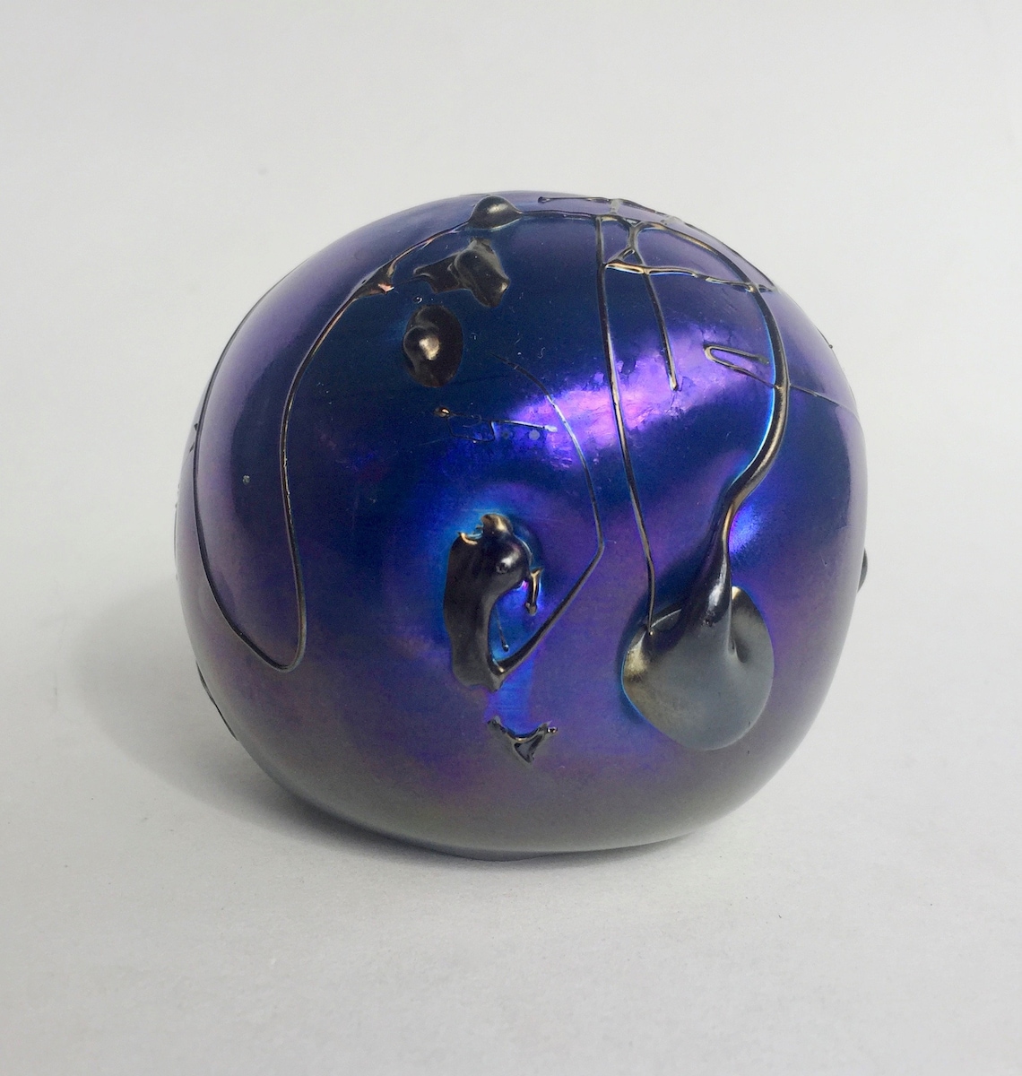 ROLLIN KARG Art Glass Paperweight Iridescent Blue With Black | Etsy