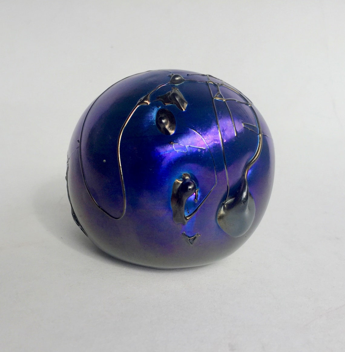 ROLLIN KARG Art Glass Paperweight Iridescent Blue With Black | Etsy