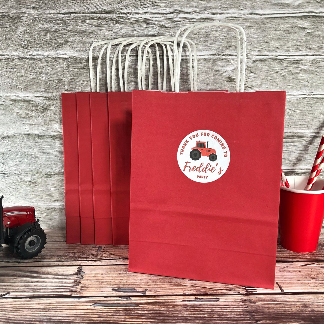 Red Tractor Paper Party Bags X5 With Personalised Stickers and Twisted ...