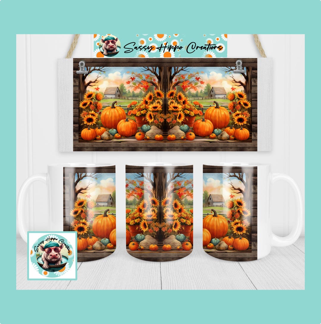 Ceramic Coffee Mug Autumn Fall Pumpkin Sunflower Farm 15oz Hand ...