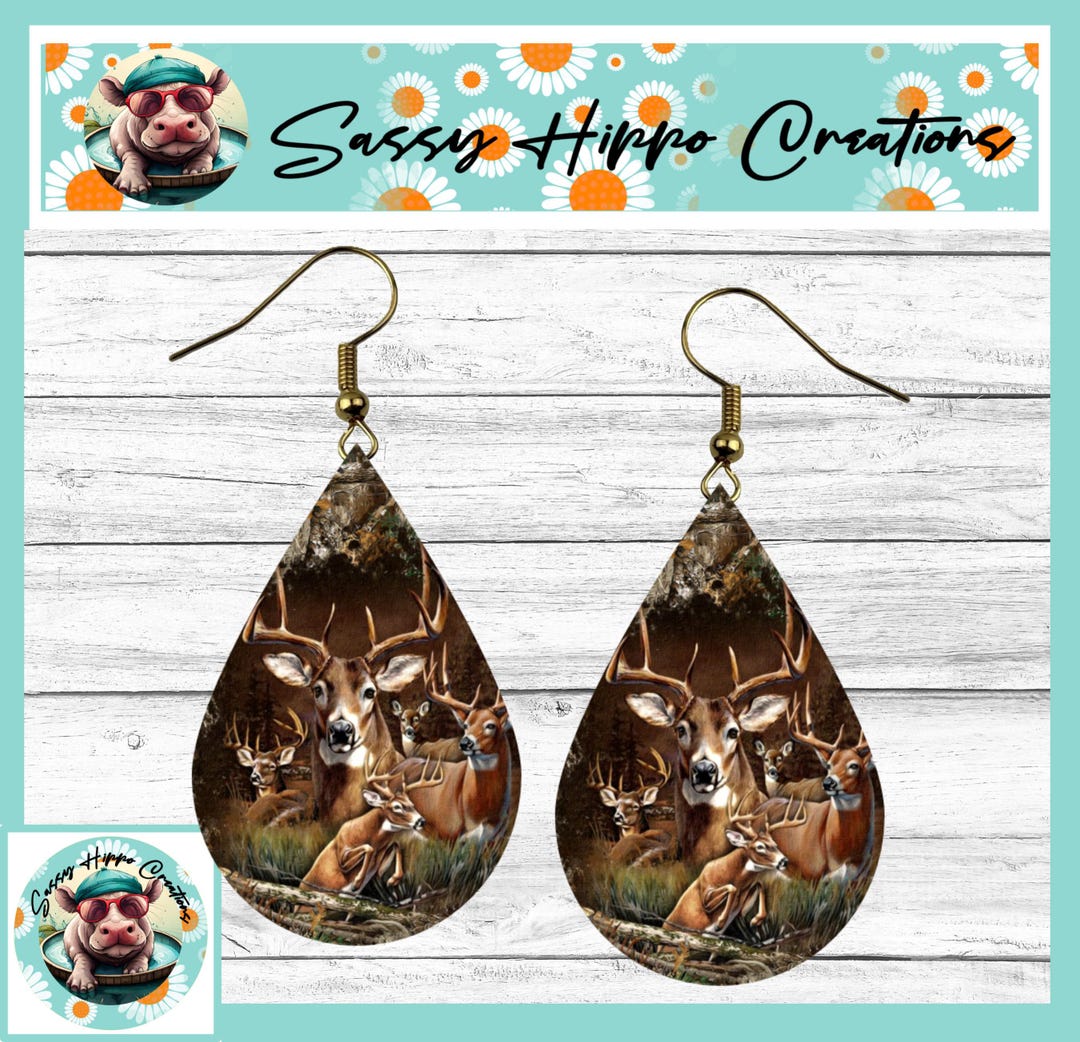 Earrings Teardrop Gold Hook Backs Deer Wildlife Woods Forest Hunting ...