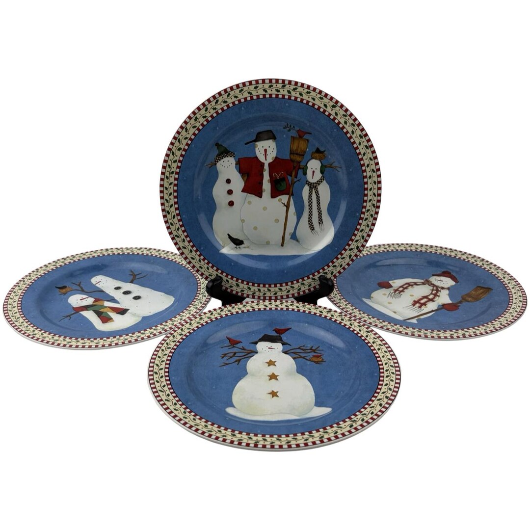 Debbie Mumm SNOWMAN Salad Dessert Plates Set of 4 Vintage 8" Sakura ...