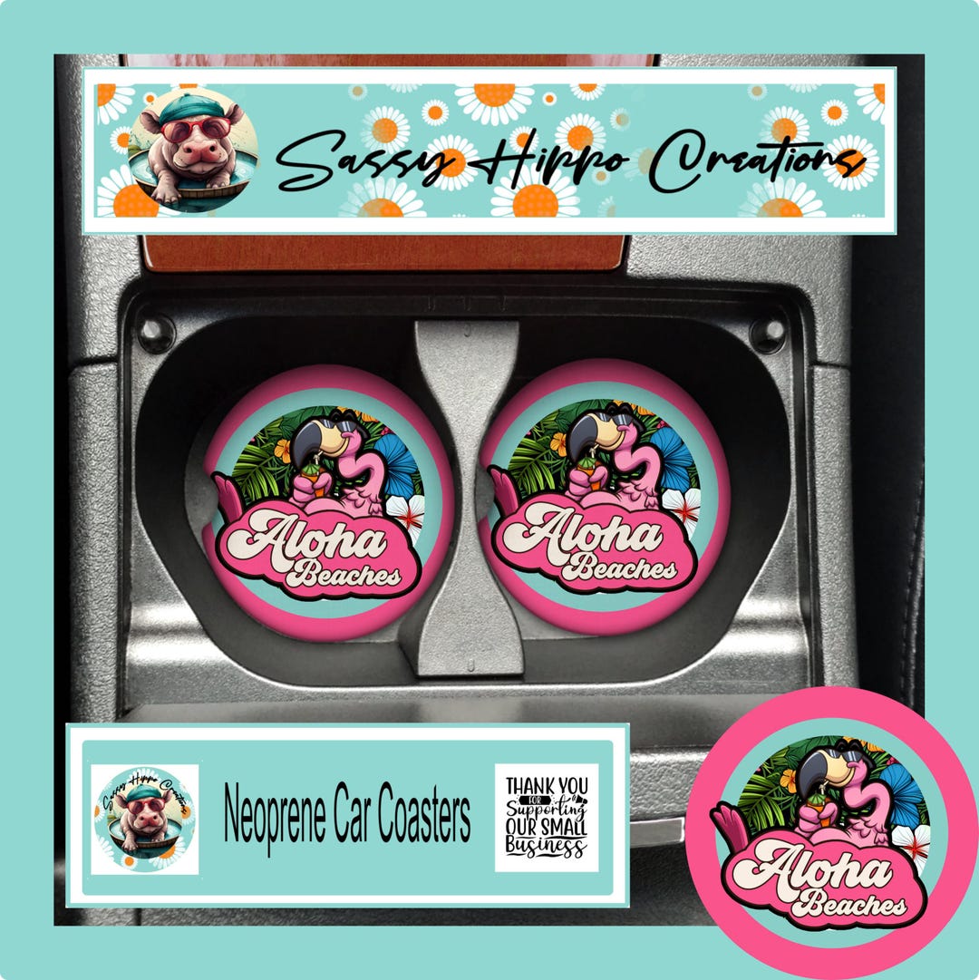 Car Coasters Aloha Beaches Pink Flamingo Flowers Set of 2 Neoprene ...
