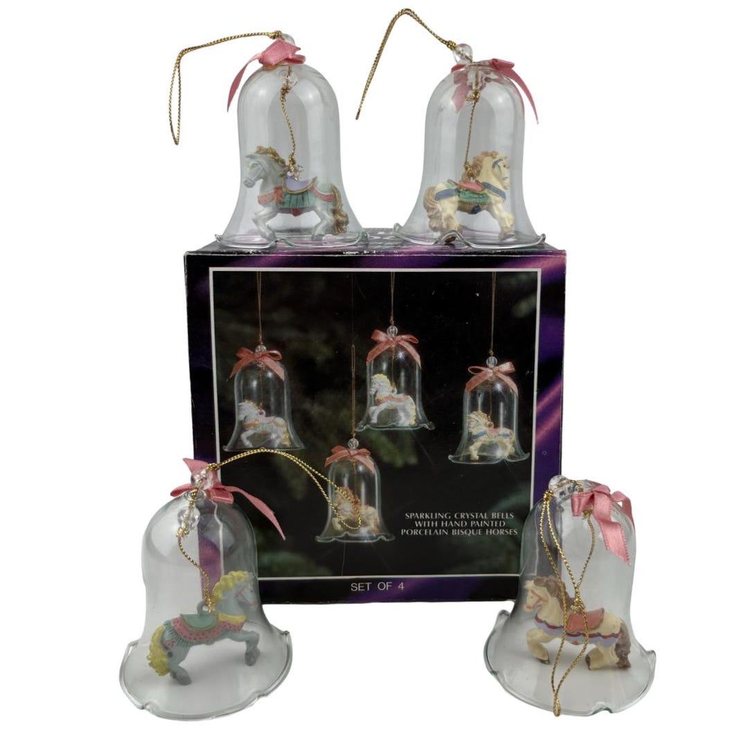 JSNY Clear Glass Bells With Carrousel Horse Ornaments Ruffled Edging ...