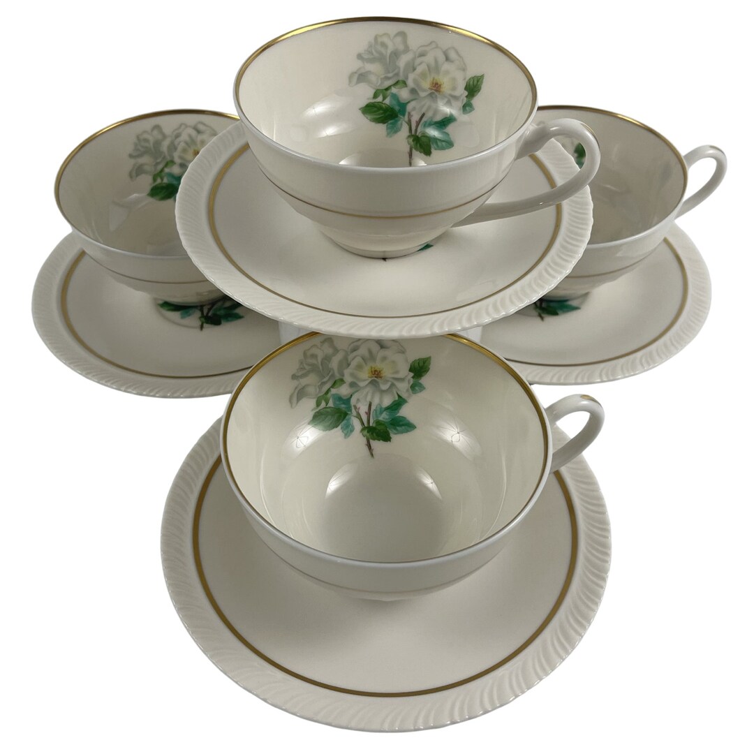 Hanover China Silver Rose Footed Cups and Saucers Set of 4 Vintage ...