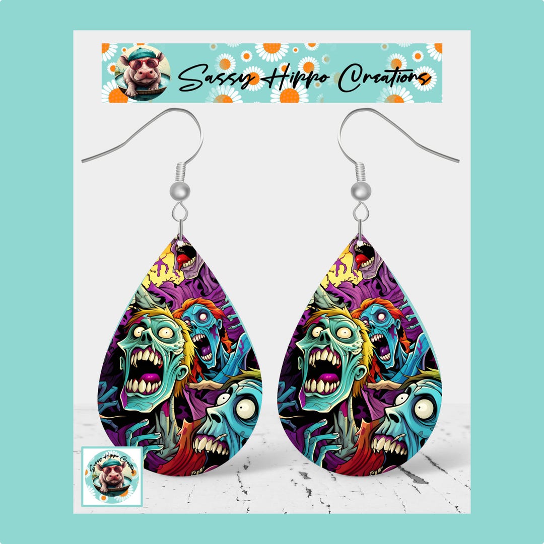 Earrings Screaming Zombies Spooky Creepy Halloween Printed on MDF With ...