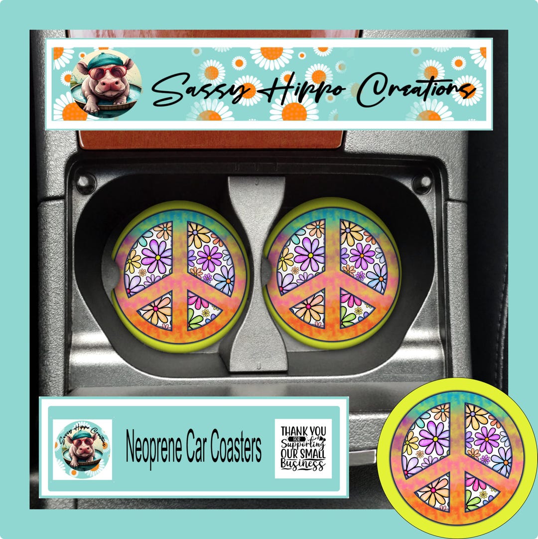 Car Coasters Neon Peace Sign Tie Dye Colorful Flowers Set of 2 Neoprene ...