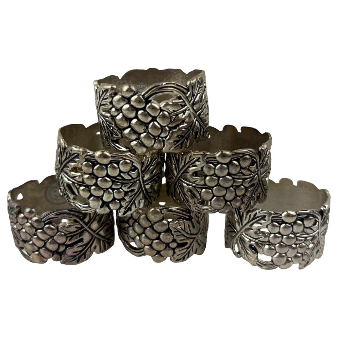 Godinger Silver Art Co Grape Design Napkin Ring Set of 6 Silver Plated ...