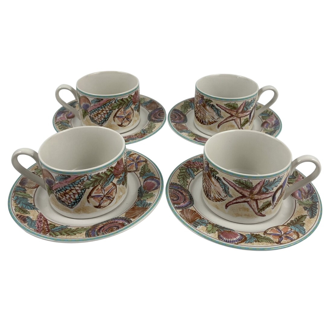 Fitz and Floyd Caribbean Cups and Saucers Lot of 4 Vintage Seashells ...