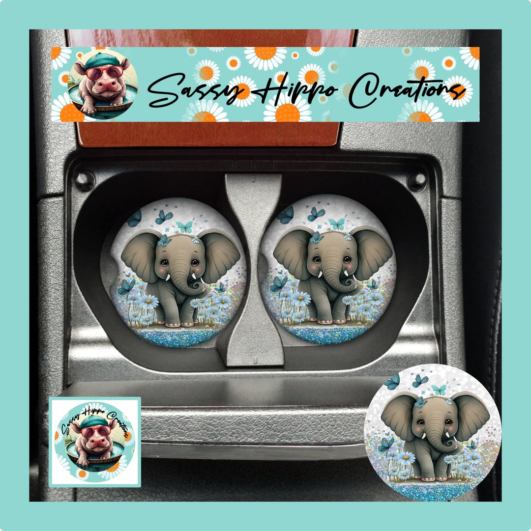 Car Coasters Cute Elephant Blue Daisies Butterflies Glitter Set of 2 ...