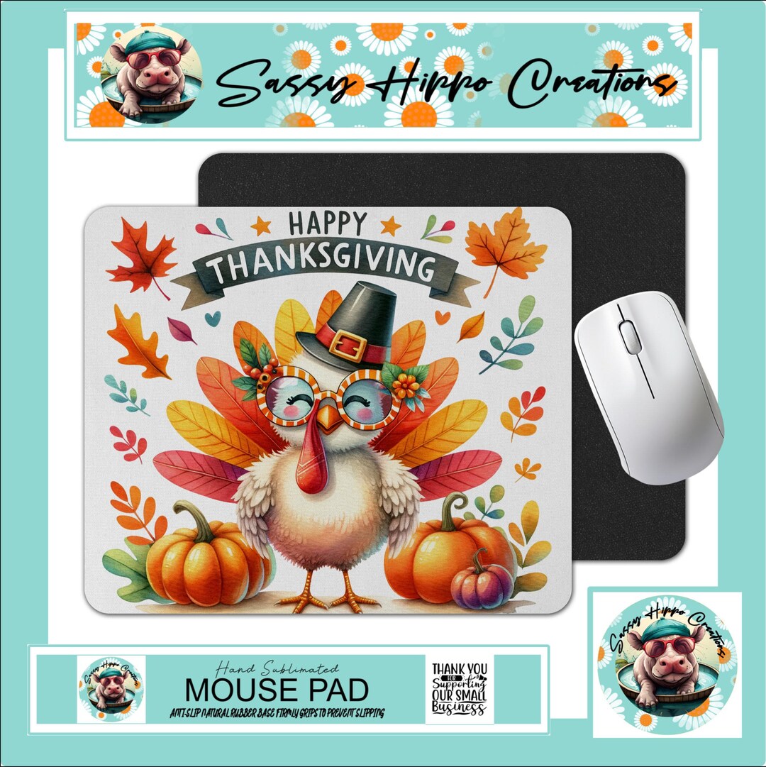 Mouse Pad Happy Thanksgiving Turkey Pumpkin Fall Leaves Anti Slip Back ...