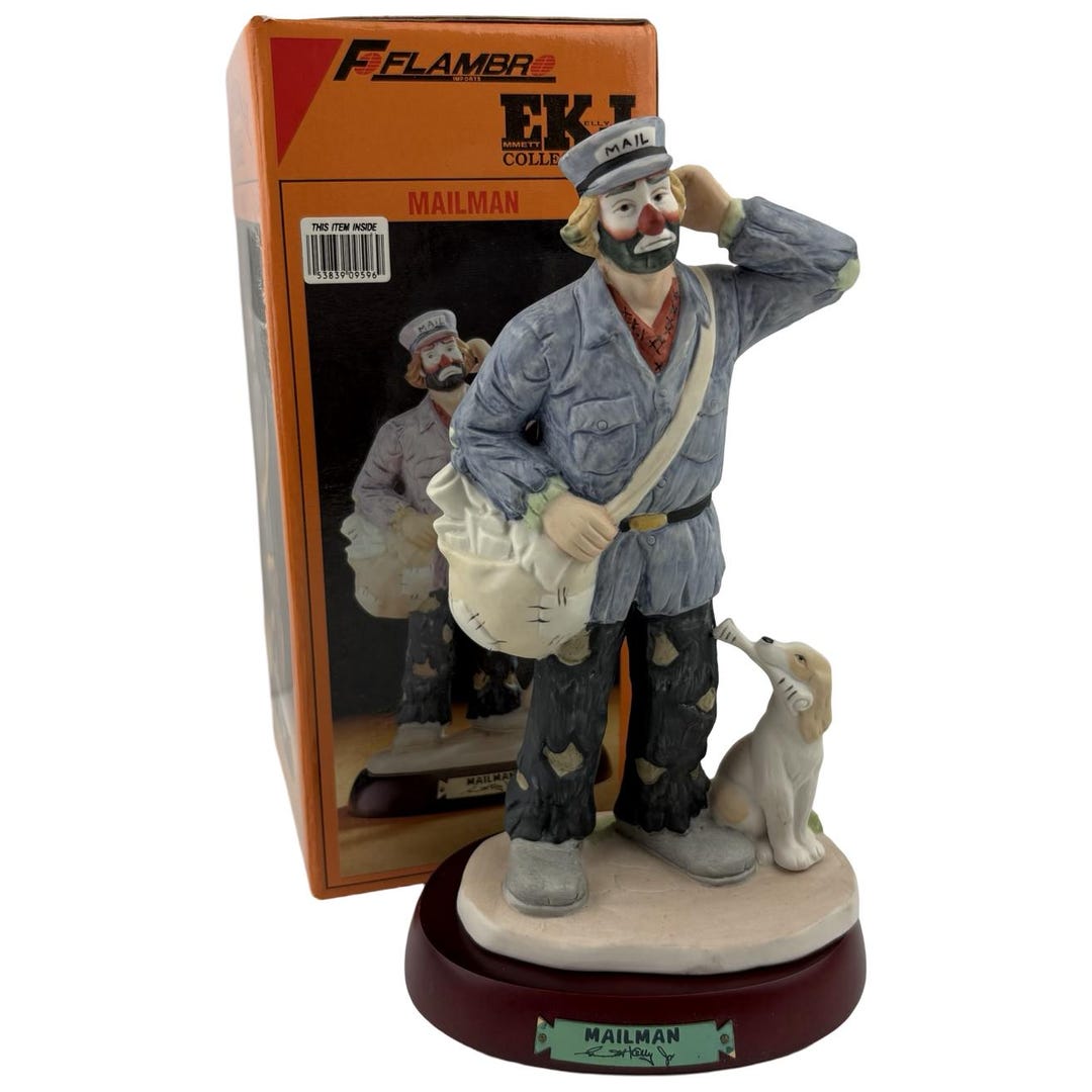 Flambro Emmett Kelly Jr. Figurine Mailman Sad Face Clown Dog Wood Base ...