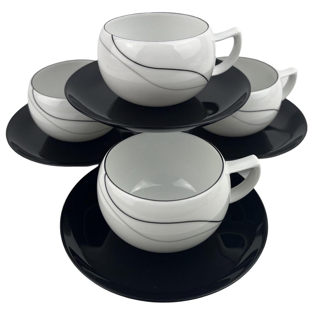 Mikasa Threads Modern Cups and Saucers Set of 4 Vintage Black and Grey ...