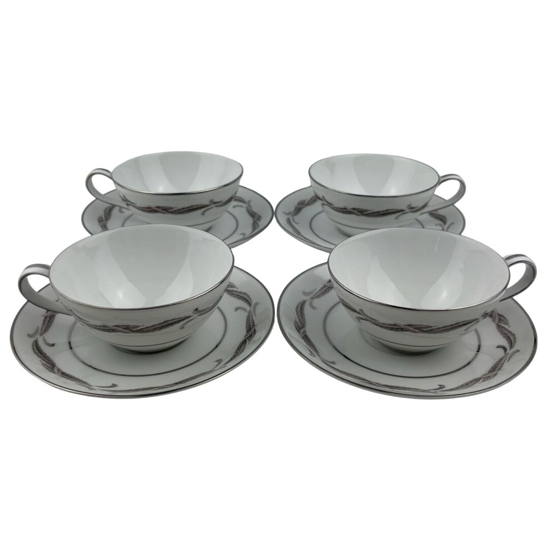 Noritake Gaylord Rim Flat Cups and Saucers Lot of 4 Vintage 5526 Silver ...
