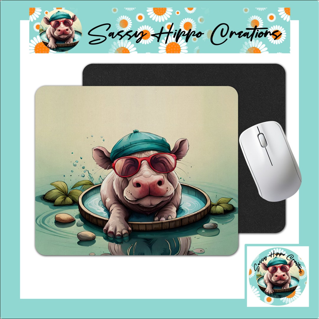 Mouse Pad Hippopotamus Anthropomorphic Hat and Glasses Anti Slip Back ...