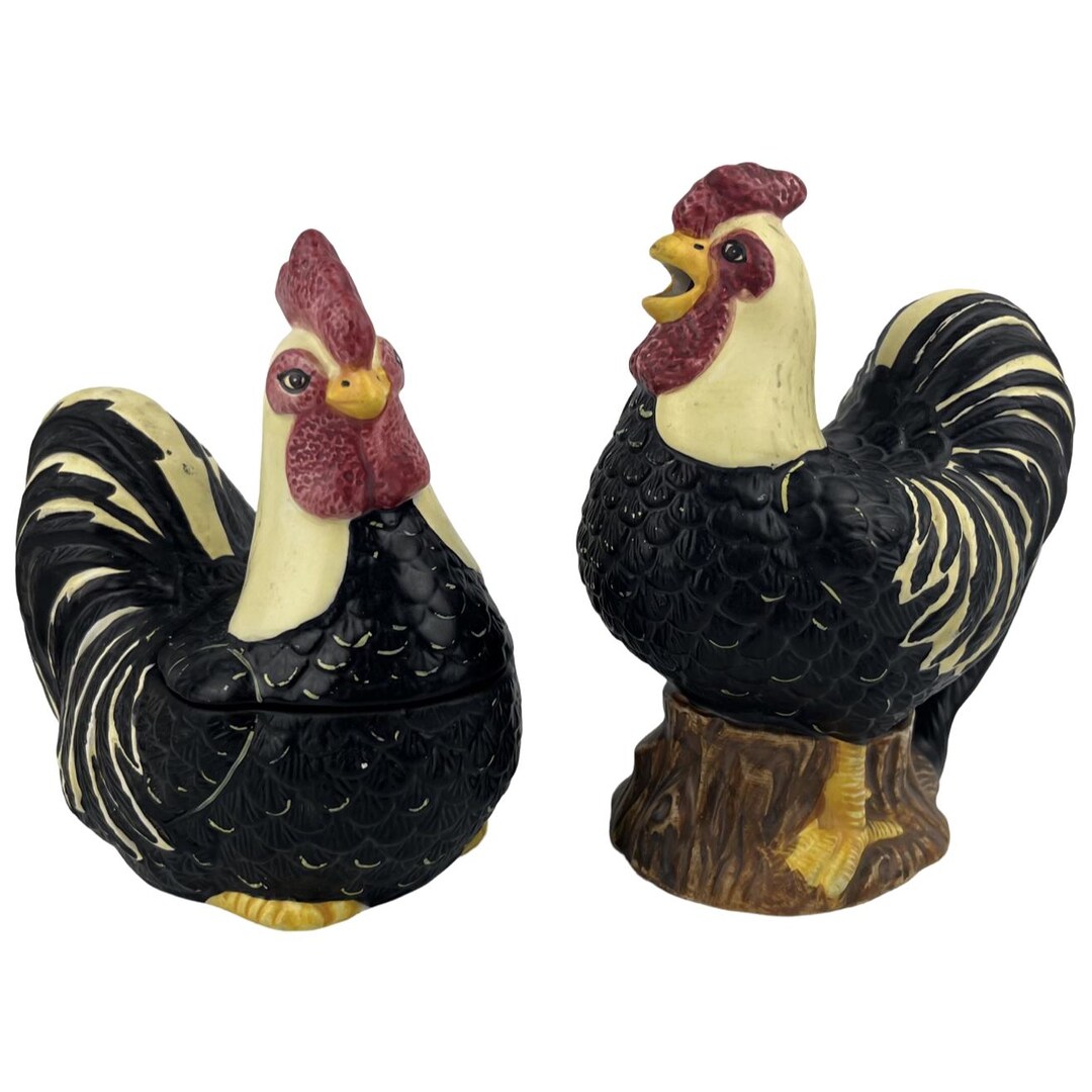 Sakura Rooster Lidded Sugar Bowl and Creamer Set Warren Kimble Ceramic ...