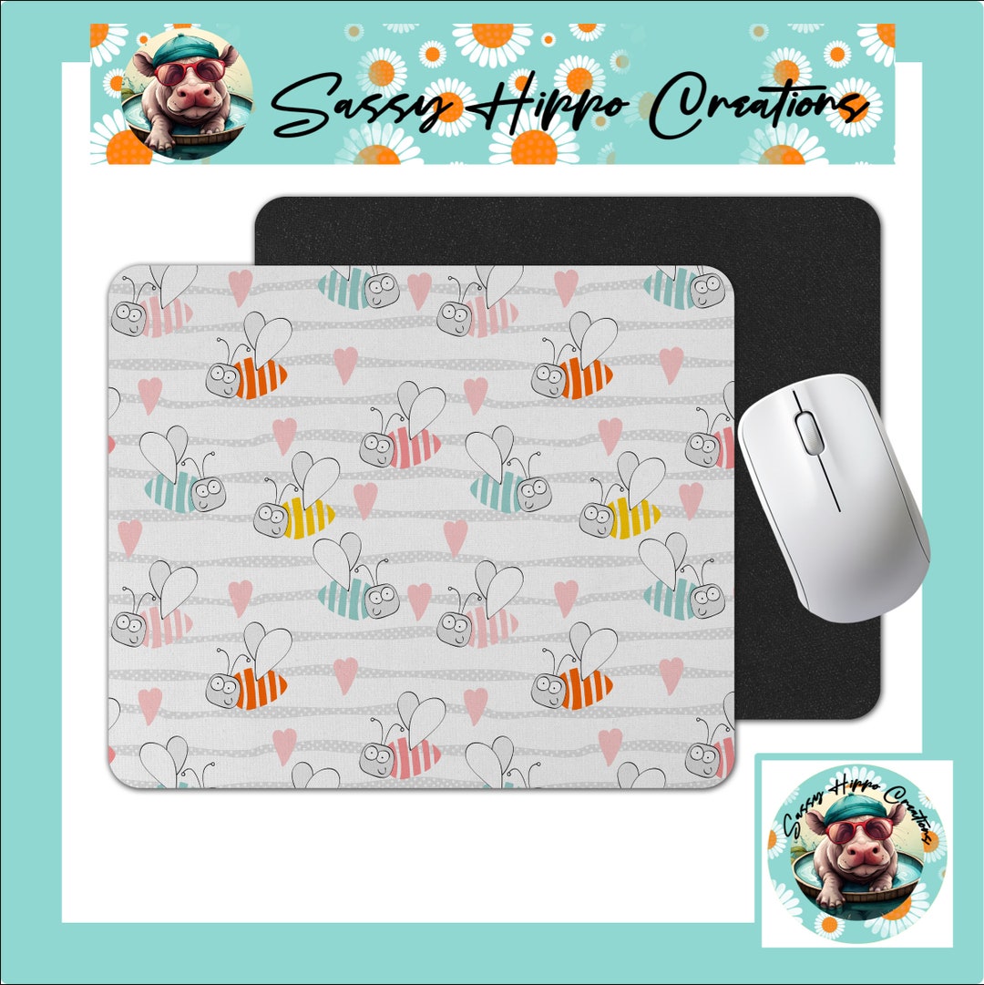Mouse Pad Colorful Striped Bumble Bees Pink Hearts Anti Slip Back Easy ...