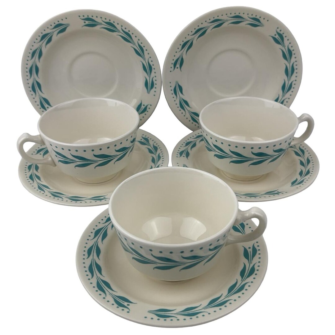 Homer Laughlin Hemlock Aqua 3 Cups and 5 Saucers Vintage Aqua Leaves ...