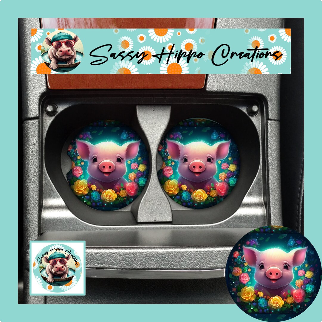 Car Coasters Adorable Pig Piglet Colorful Flowers Set of 2 Neoprene ...