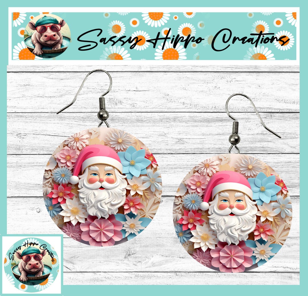 Earrings Round Silver Hook Backs 3D Santa Claus Christmas Holidays ...