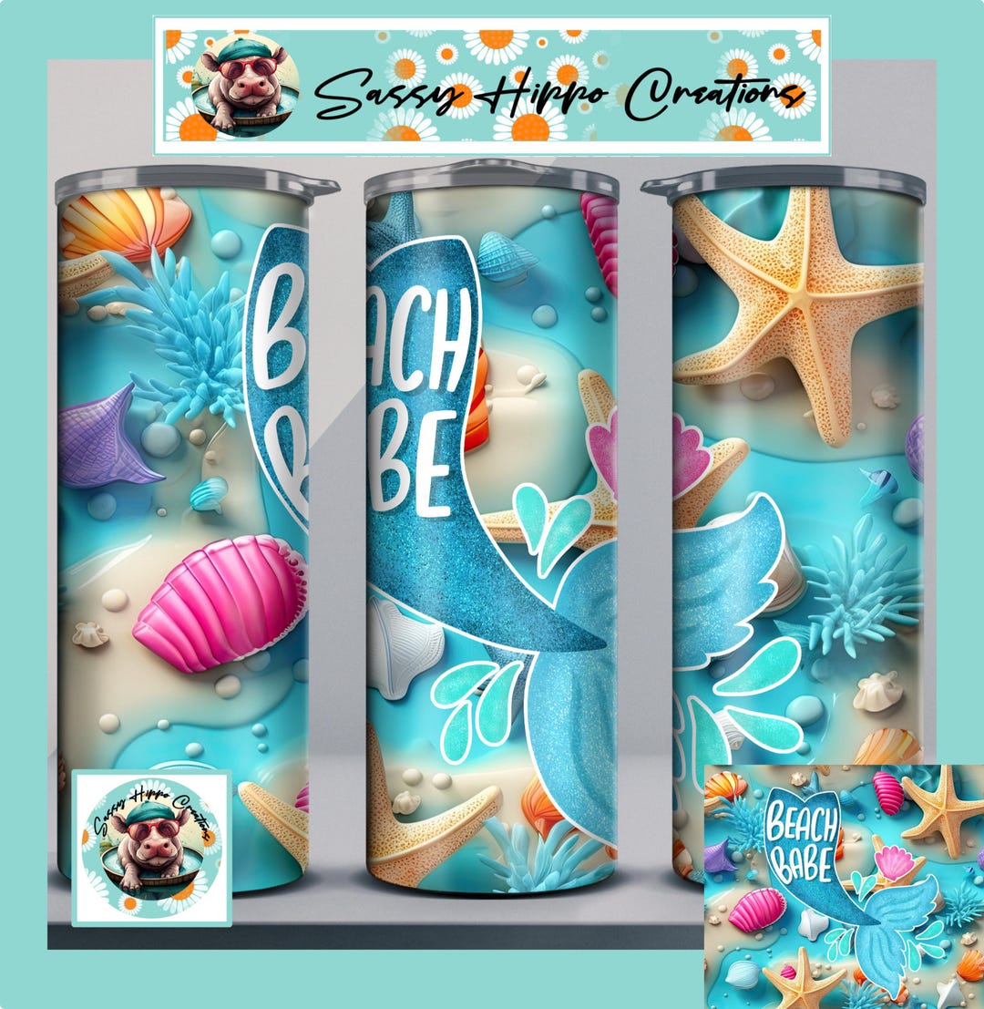 Skinny Tumbler Beach Babe Mermaid Tail Seashells Star Fish 20oz ...