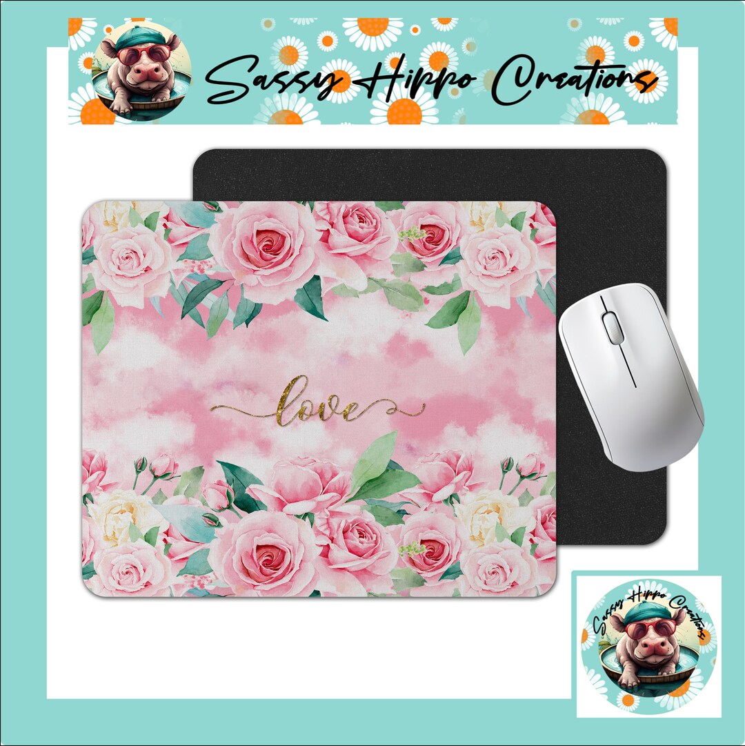 Mouse Pad Pink Roses Flowers LOVE Valentine's Day Anti Slip Back Easy ...