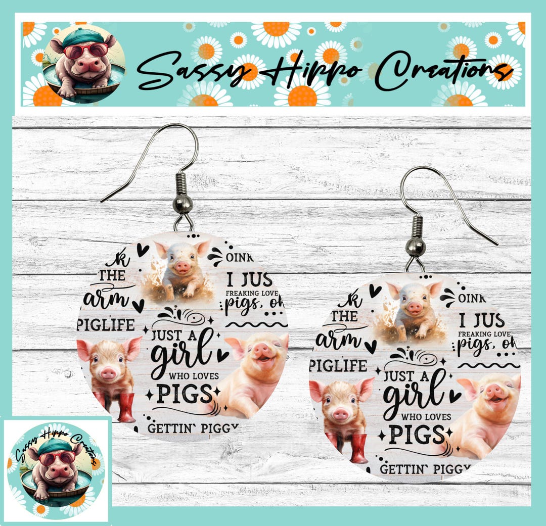 Earrings Round Silver Hook Backs Pig Life Just a Girl Who Loves Pigs ...