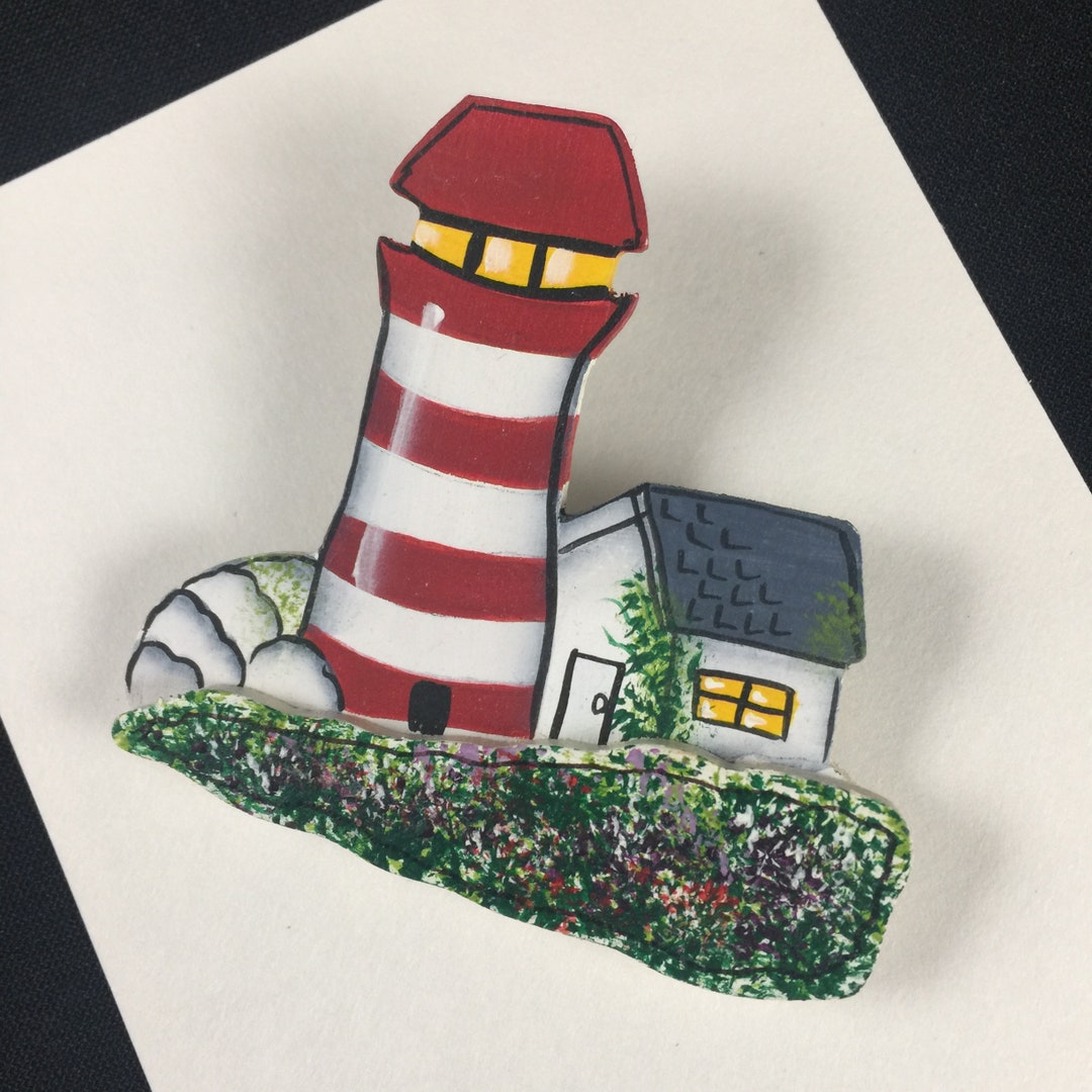Brooch Pin Lighthouse by the Seas Hand Painted Hand Done Wooden Locking ...