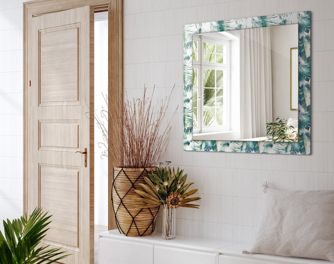 Green Tropical Leaves, Blue Frame Mirror, Wall Mirror, Art Deco Mirror ...
