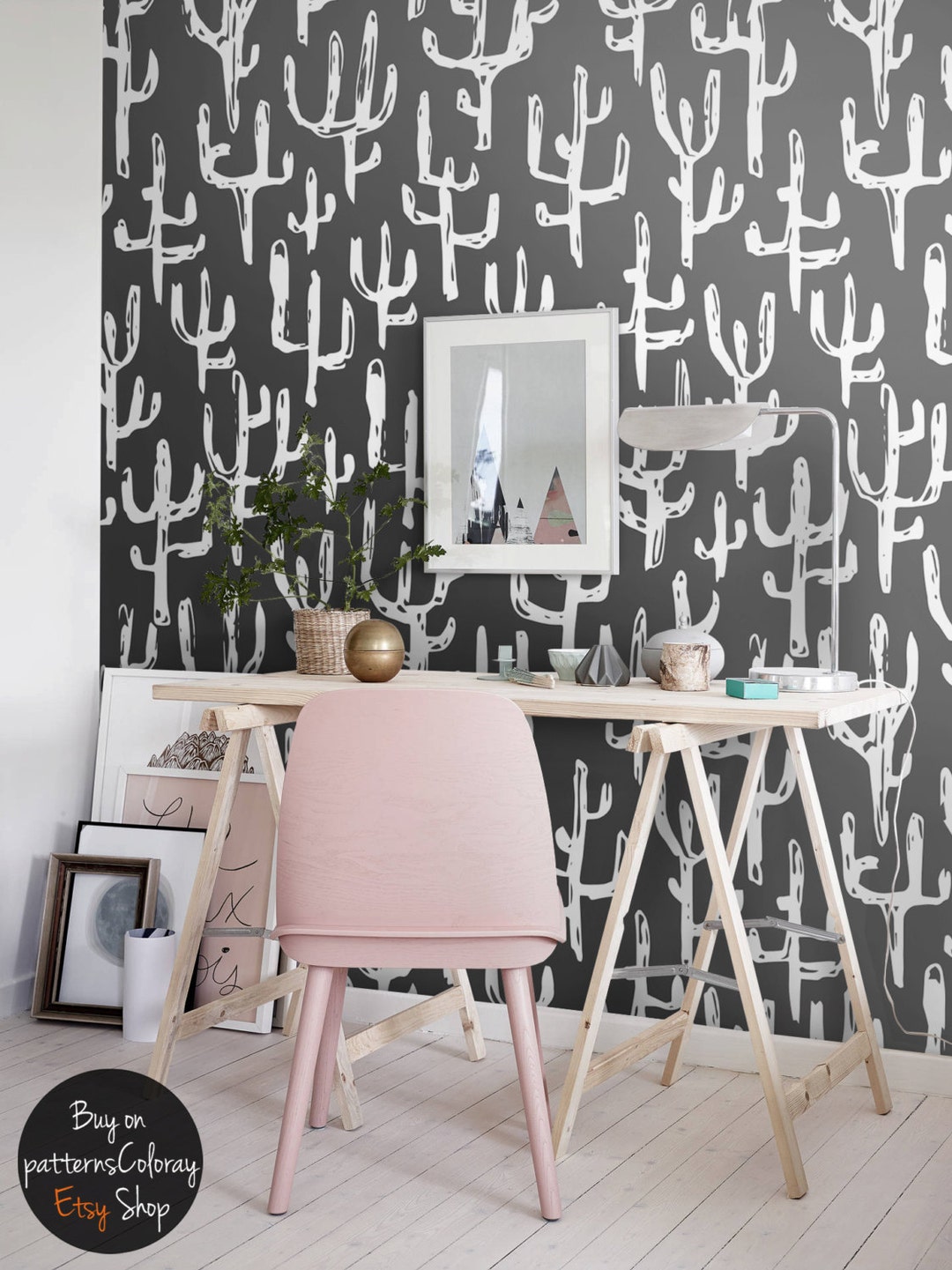 Simple Drawing Cactus Pattern Wallpaper, Temporary Cactus Decal, Peel ...