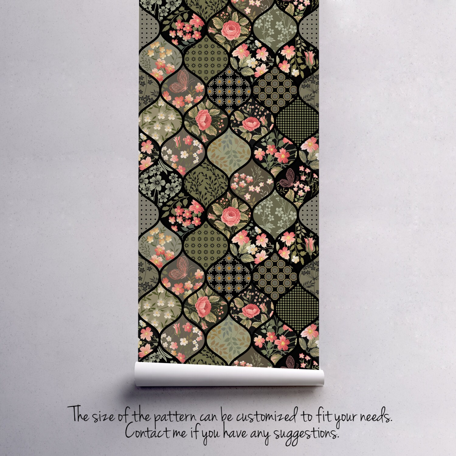 Patchwork Green Pattern, Cosy, Colorful Wallpaper, Floral Wall Mural ...