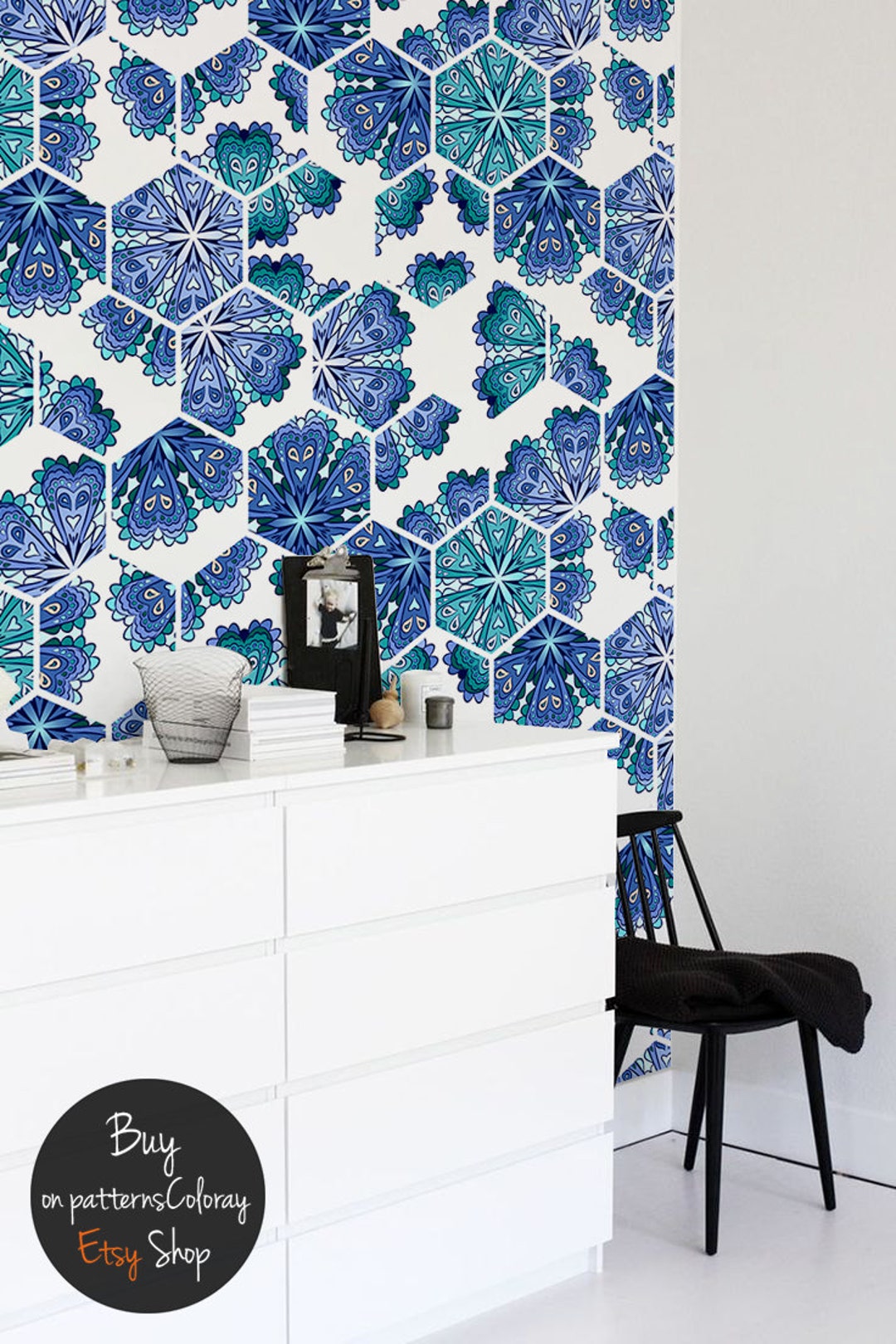 Hexagon Blue Flowers Pattern, Geometric, Colorful Wallpaper #67 - Etsy