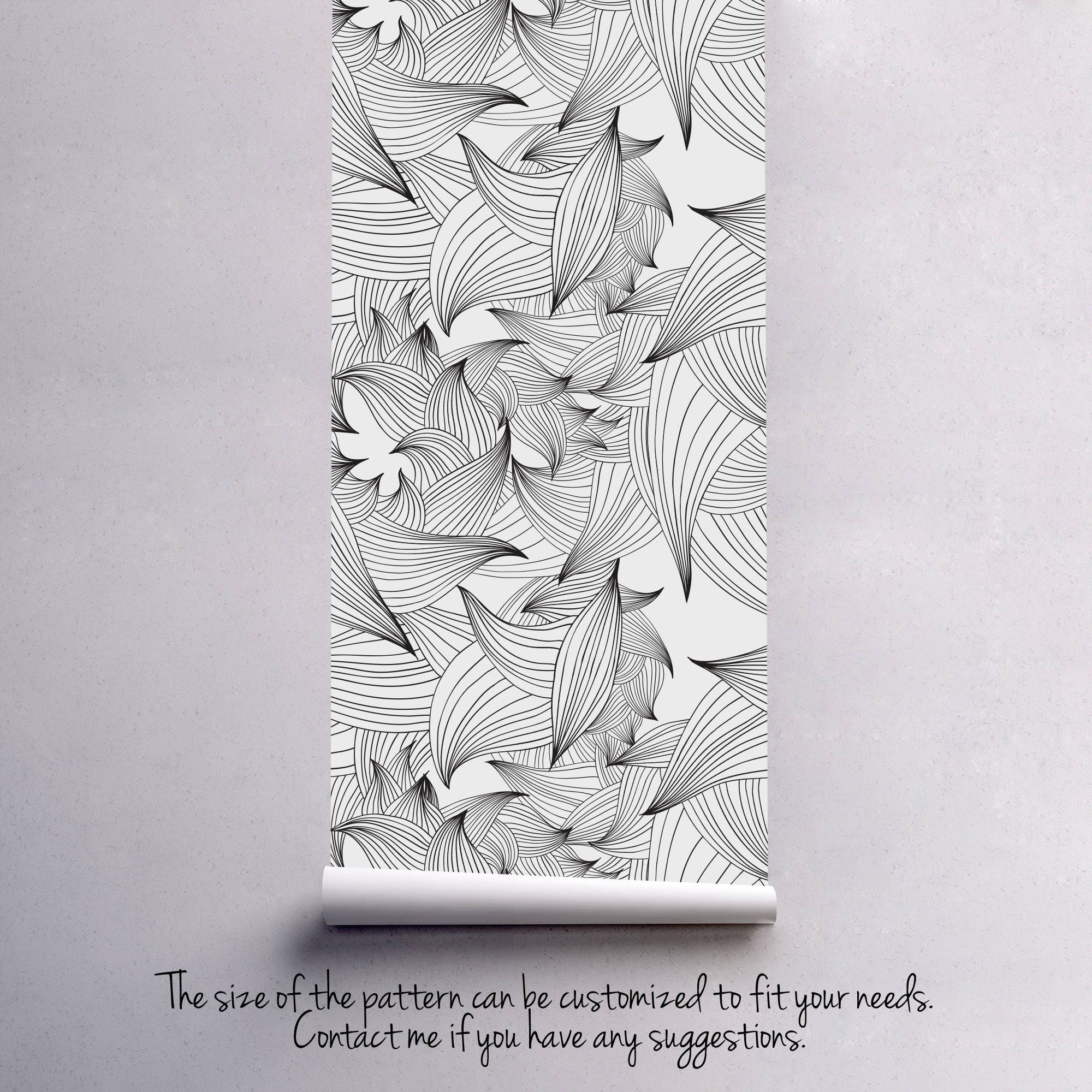 Magician Lines removable wallpaper Black&White Leaves | Etsy