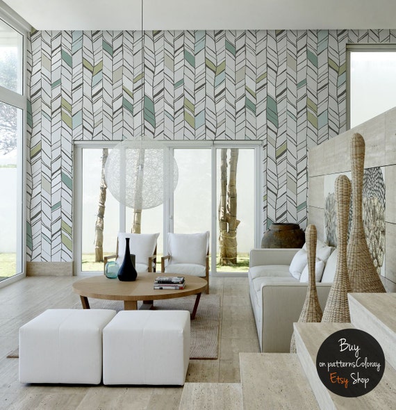 Colorful Herringbone Pattern Geometric Hand-drawn Wallpaper - Etsy