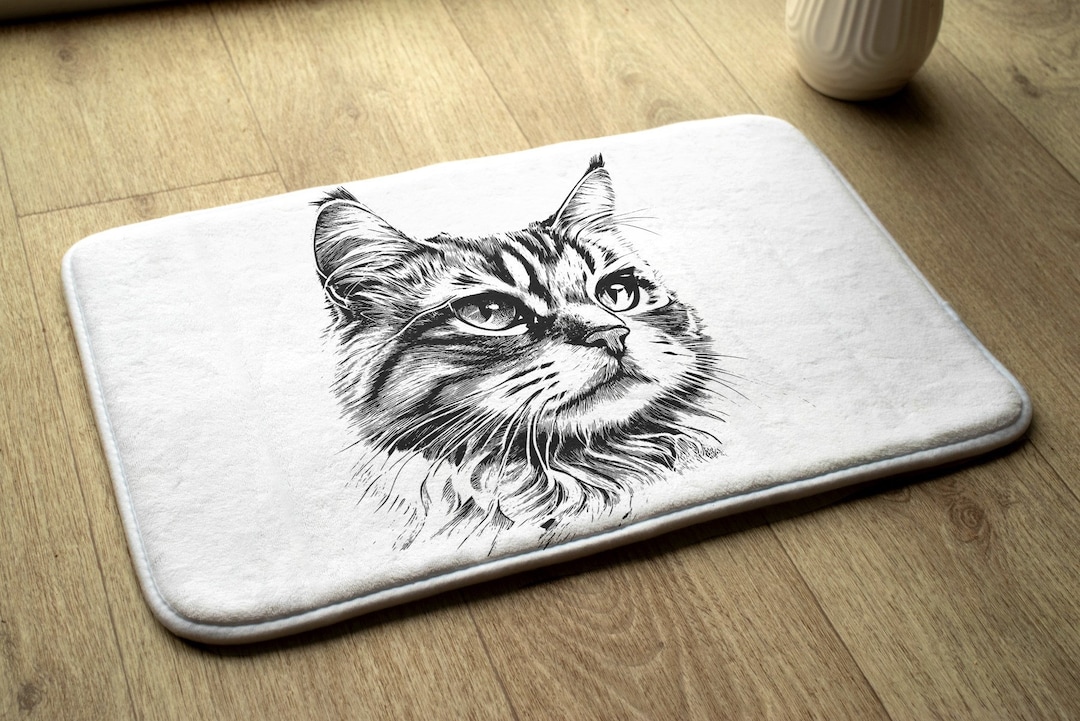 Dark Cat Bathroom Mat, Animal Pattern White Noslip Mat, Small Space Rug ...