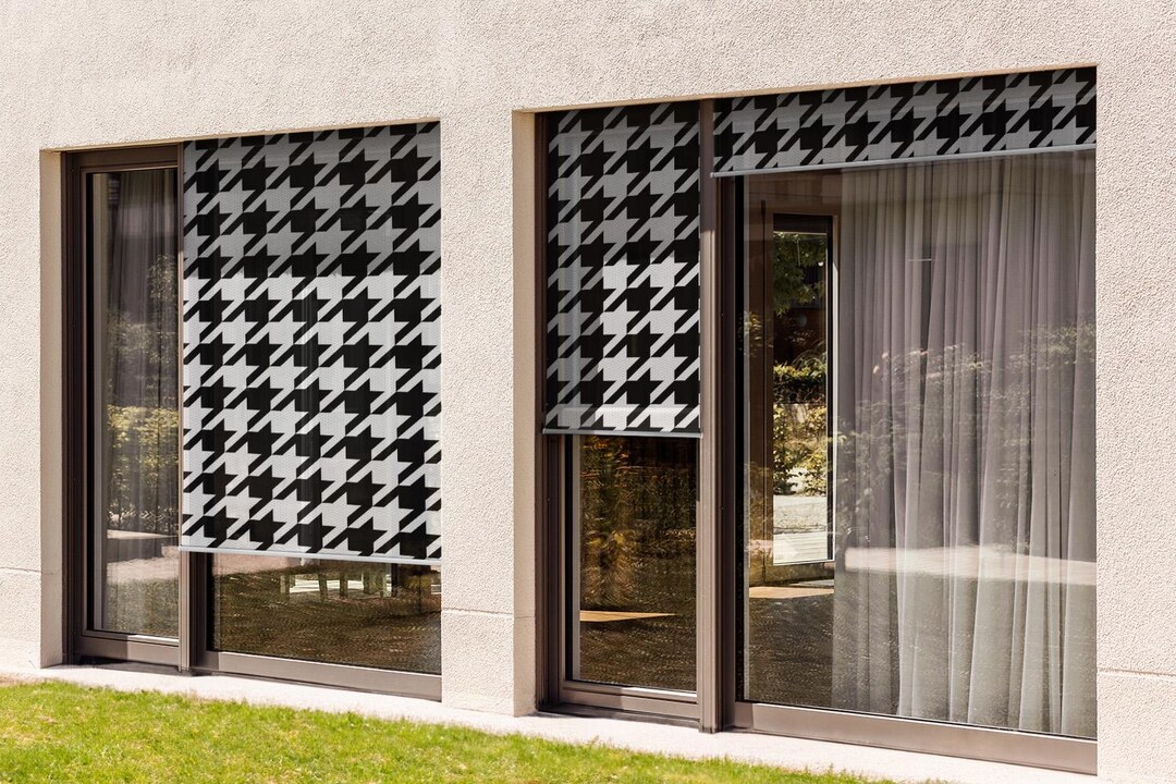 Black and White Houndstooth Pattern Balcony Roller Blinds, Black and ...