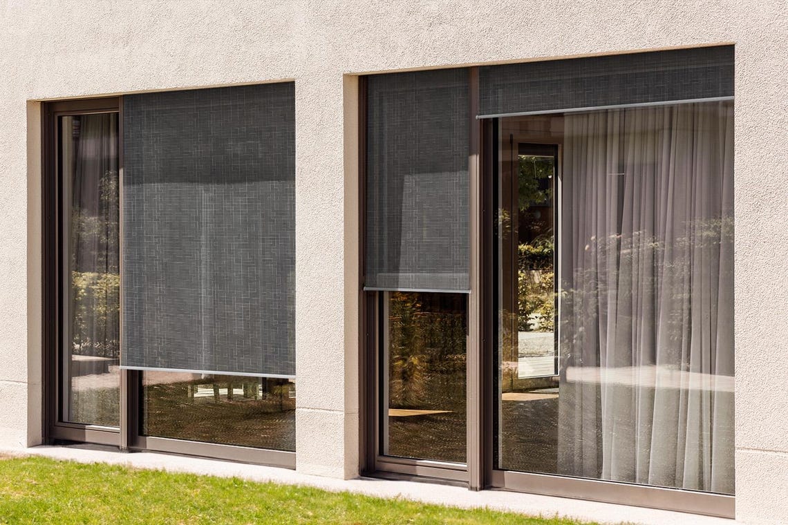 Line Grid Exterior Roller Shades, Structures Window Treatments, Gray ...